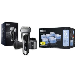 braun electric razor for men, series 8 8457cc electric foil shaver with precision beard trimmer, cleaning & charging smartcare center, galvano silver with clean & renew refill cartridges, 6 count