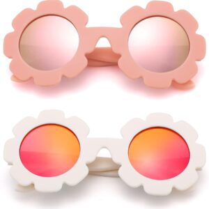 NULOOQ Polarized Baby Sunglasses with Strap – Flexible Flower Shaped Sunglasses for Toddler & Infant Age 0-24 Months (Pink/Pink Mirrored + White/Purple Red Mirrored) - 2 Pack