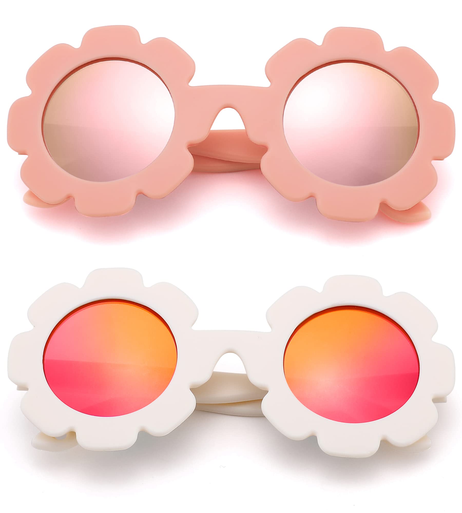 NULOOQ Polarized Baby Sunglasses with Strap – Flexible Flower Shaped Sunglasses for Toddler & Infant Age 0-24 Months (Pink/Pink Mirrored + White/Purple Red Mirrored) - 2 Pack