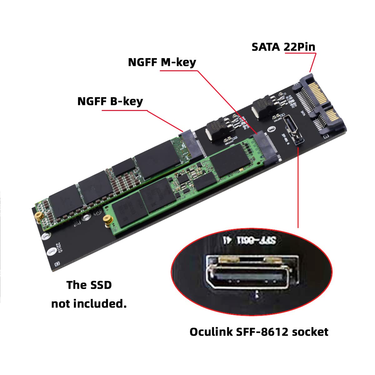 Cablecc Oculink SFF-8612 8611 to U.2 Kit M-Key to NVME PCIe SSD and NGFF to SATA Adapter for Mainboard