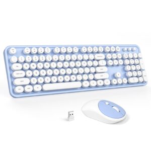 wireless keyboard and mouse combo - geezer blue-white full-sized colorful keyboard 104 keys - usb 2.4 g receiver plug and play with round keycap typewriter keyboards, for windows, pc, laptop, desktop