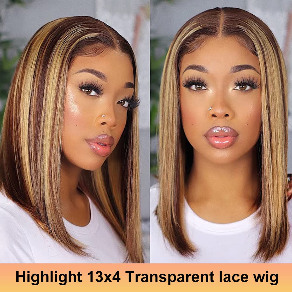 Highlight Ombre Bob Wig Human Hair Straight 4/27 Honey Blonde Bob Lace Front Wigs Human Hair 12 Inch 13x4 Lace Front Bob Wigs 12A Short Bob Wig 180% Density Glueless Wigs Straight Bob Wigs For Women