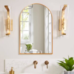 gold arch mirror 20 x 30 inch, bathroom arched mirror in aluminum alloy frame, brushed gold arched wall mirror for entryway, bedroom, mantel, hallway, salon (gold, 20" x 30")