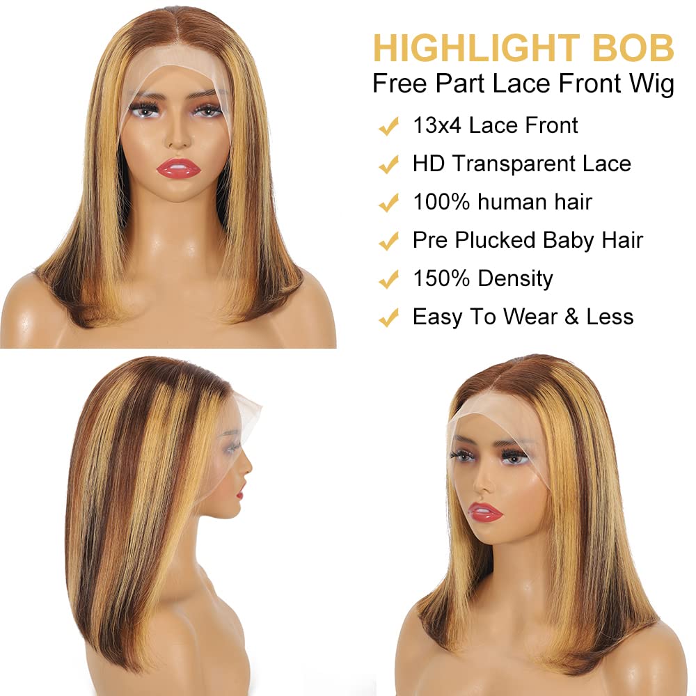 Highlight Ombre Bob Wig Human Hair Straight 4/27 Honey Blonde Bob Lace Front Wigs Human Hair 12 Inch 13x4 Lace Front Bob Wigs 12A Short Bob Wig 180% Density Glueless Wigs Straight Bob Wigs For Women