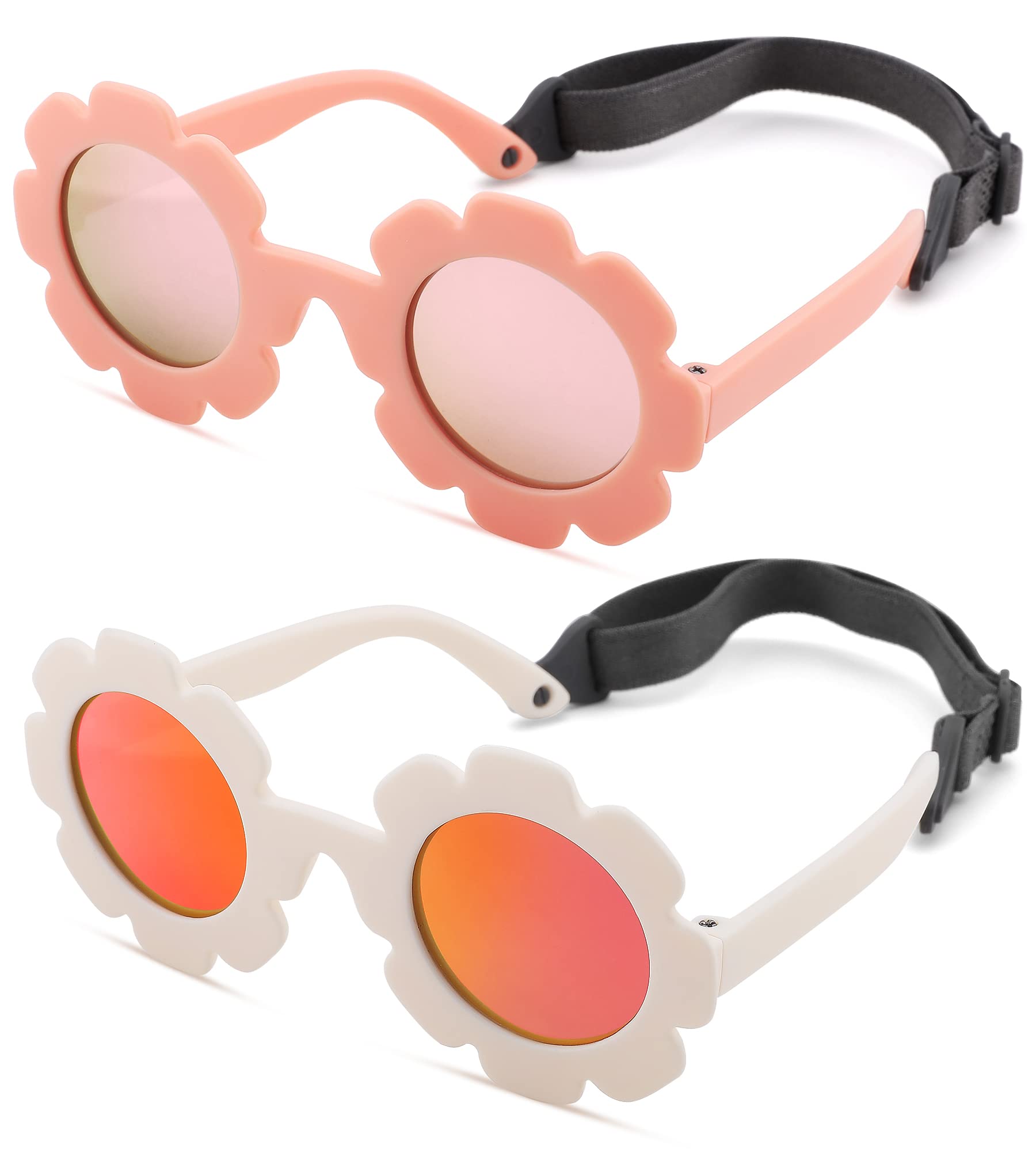 NULOOQ Polarized Baby Sunglasses with Strap – Flexible Flower Shaped Sunglasses for Toddler & Infant Age 0-24 Months (Pink/Pink Mirrored + White/Purple Red Mirrored) - 2 Pack