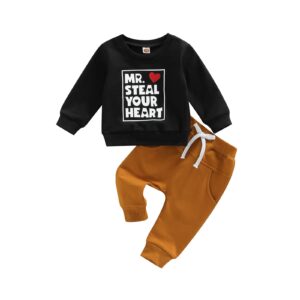 toddler baby boy valentines day clothes mr steal my heart crewneck sweatshirt shirt top pants spring outfit (black,18-24 months)