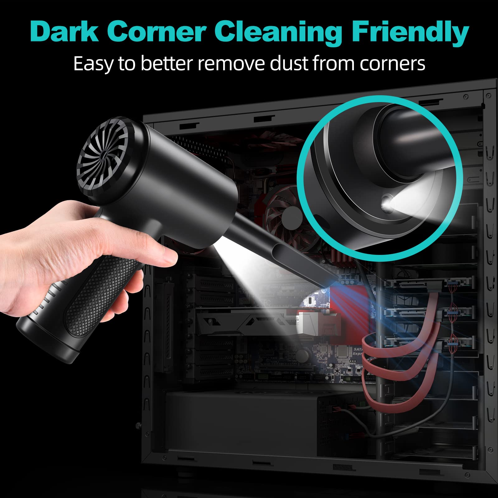 SIXNE Compressed Air Duster, Keyboard Cleaner - Replace Canned Portable Electric Duster Reusable Rechargeable Blower for Computer Electronics Pet House 91000RPM / 7500mAh, Black