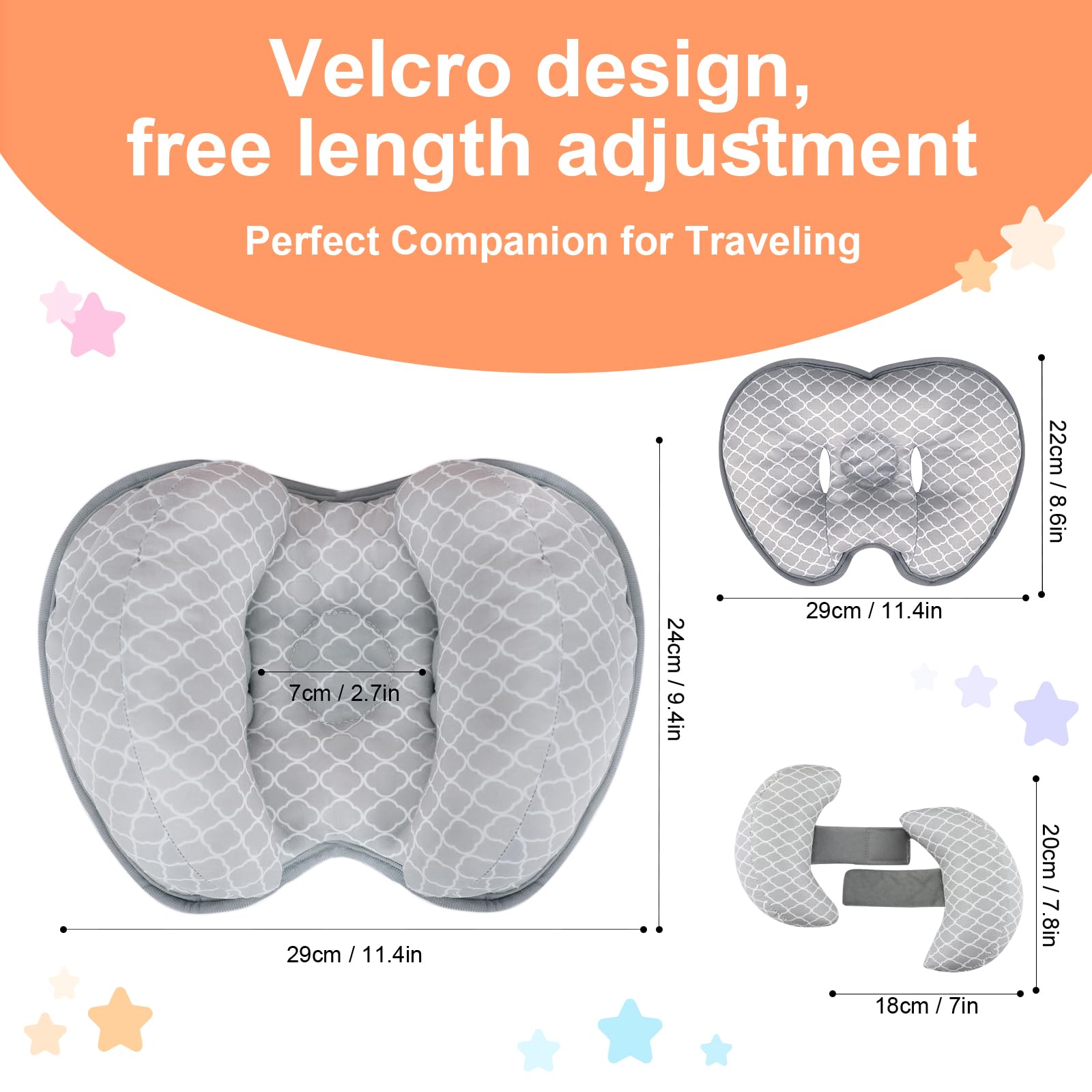 KAKIBLIN Baby Pillow for Head, 2 in 1 Infant Head Support Baby Head Pillow Banana Neck Pillow for Baby, Baby Travel Pillow for Stroller Neck Support for Stroller,White Cloud