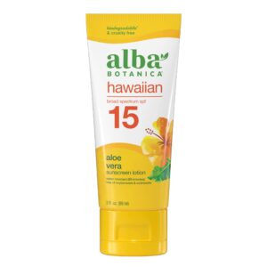 alba botanica sunscreen for face and body, hawaiian aloe vera sunscreen lotion, broad spectrum spf 15 sunscreen, water resistant and biodegradable, 3 fl. oz. bottle