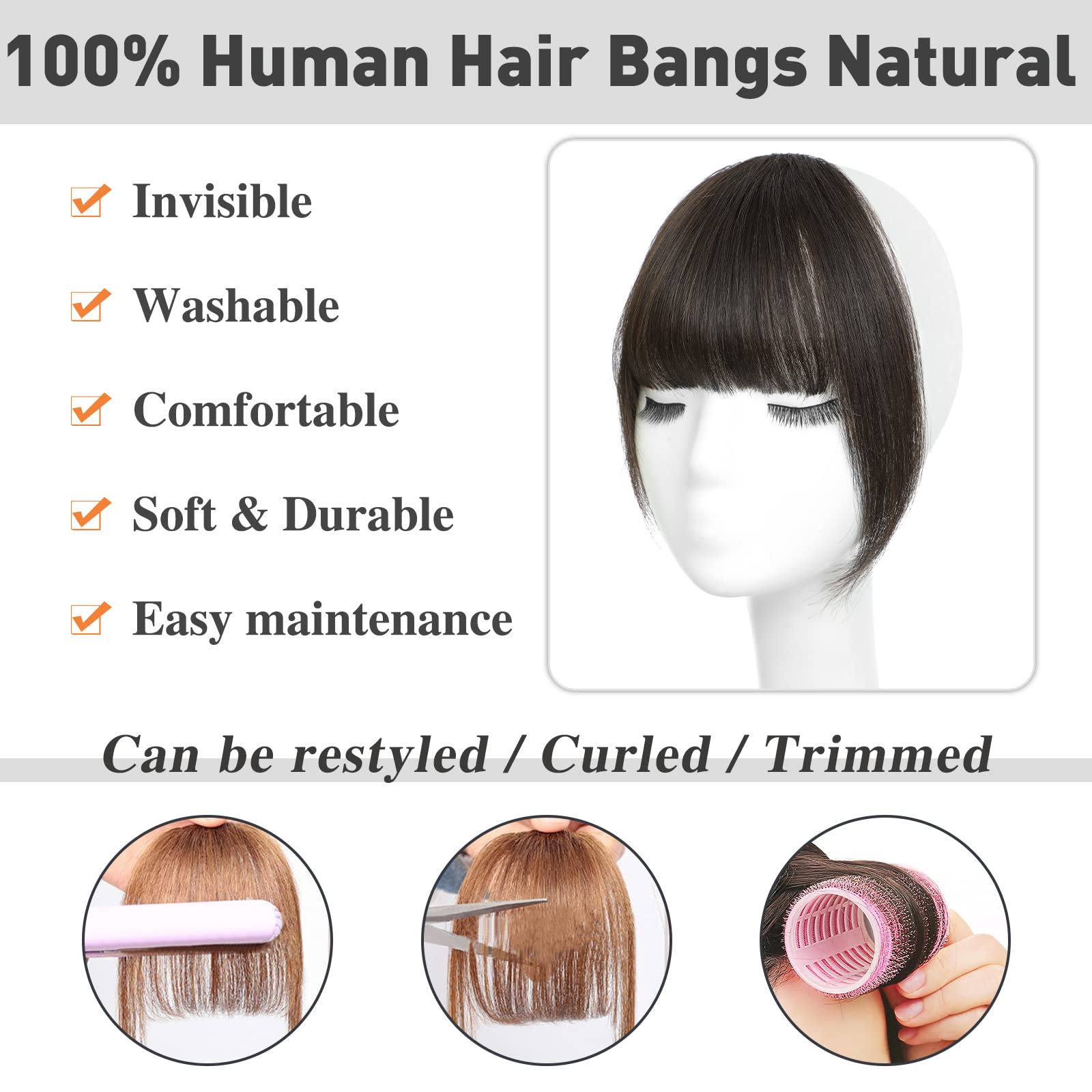 WECAN Clip in Bangs 100% Human Hair Extensions Dark Brown Bangs Hair Clip Fringe with Temples Wigs for Women Curved Bangs for Daily Wear (L Dark Brown)