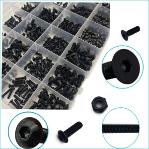 AJUER 600pcs Metric Bolt Assortment M2.5 M3 M4 Alloy Steel Hex Button and Flat Head Cap Machine Screws and Lock Nuts RC Screw Kit Black Zinc Plating