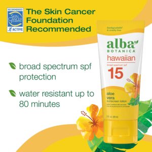 Alba Botanica Sunscreen for Face and Body, Hawaiian Aloe Vera Sunscreen Lotion, Broad Spectrum SPF 15 Sunscreen, Water Resistant and Biodegradable, 3 fl. oz. Bottle