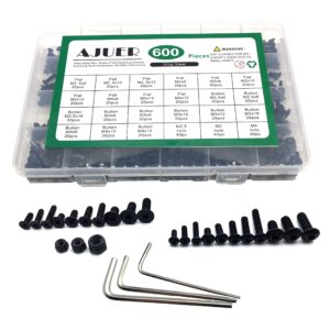 ajuer 600pcs metric bolt assortment m2.5 m3 m4 alloy steel hex button and flat head cap machine screws and lock nuts rc screw kit black zinc plating