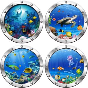 4pcs ocean world wall stickers, 12” removable art decals for kids, 3d wall decals peel and stick vinyl stickers for bathroom and bedroom, furniture, home decor