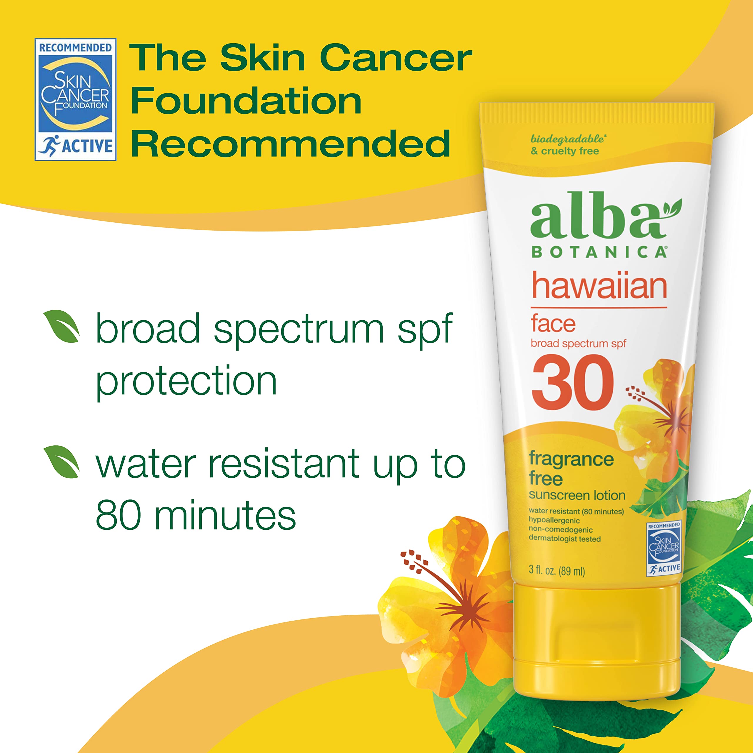 Alba Botanica Sunscreen for Face, Fragrance-Free Hawaiian Face Sunscreen Lotion, Broad Spectrum SPF 30, Water Resistant and Biodegradable, 3 fl. oz. Bottle