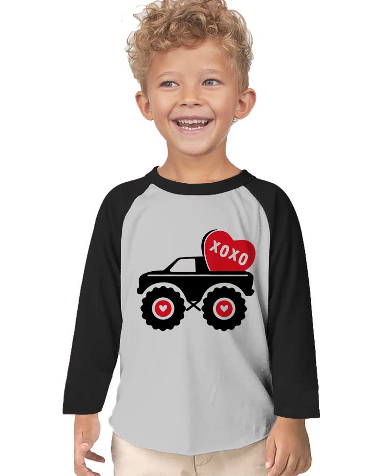 Boys Girls Valentine's Day Shirt Monster Truck Tops Toddler Kids Raglan Black Sleeve T-Shirt 6 7 Years