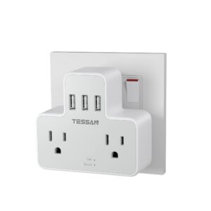 us to uk plug adapter, tessan type g power converter with 2 outlets 3 usb charger, ireland travel adaptor for usa to england scotland kenya dubai london british qatar irish hong kong