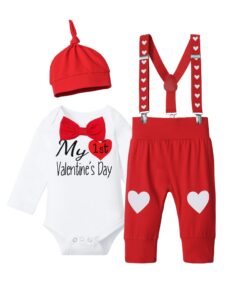 dearnow baby boy valentines day outfit 6-9 months my first valentines day long sleeve romper+suspender pants+hat 3pcs spring outfit valentines baby boy outfit