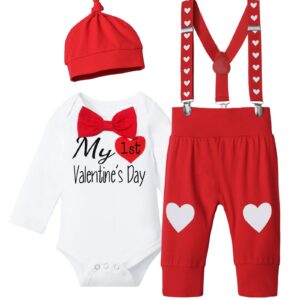 Dearnow Baby Boy Valentines Day Outfit 6-9 months My First Valentines Day Long Sleeve Romper+Suspender Pants+Hat 3Pcs Spring Outfit valentines baby boy outfit