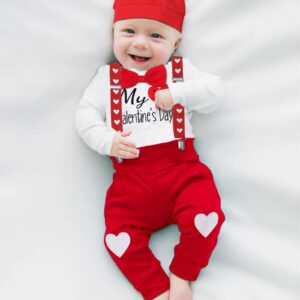 Dearnow Baby Boy Valentines Day Outfit 6-9 months My First Valentines Day Long Sleeve Romper+Suspender Pants+Hat 3Pcs Spring Outfit valentines baby boy outfit