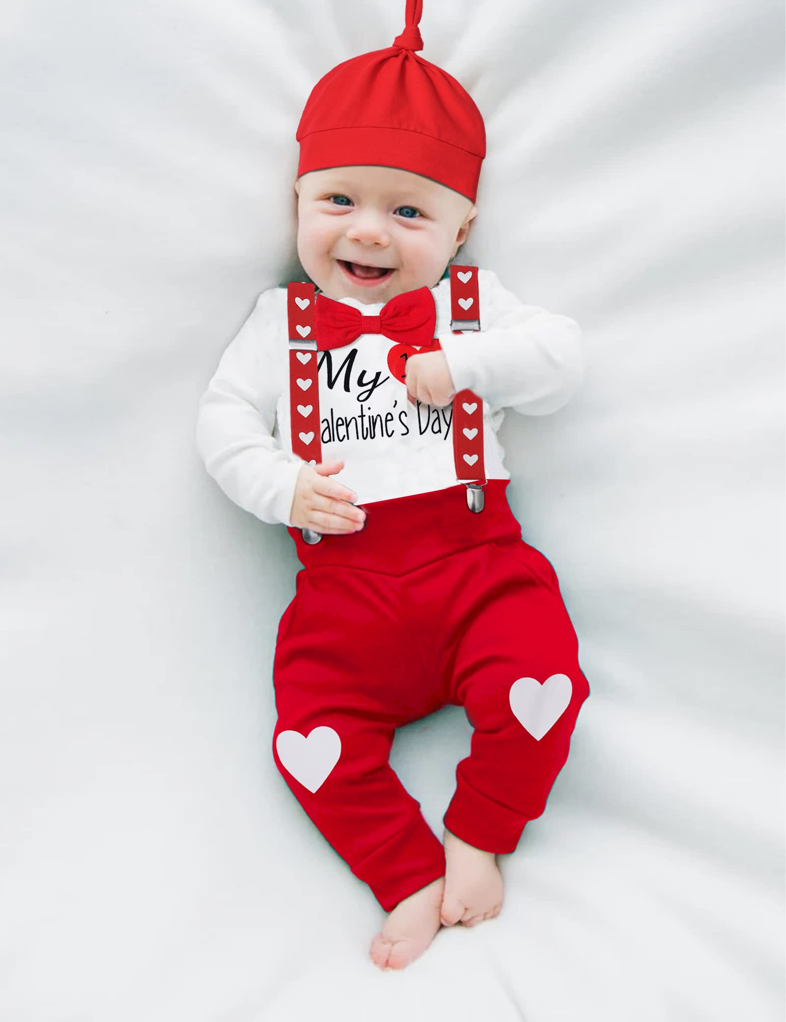 Dearnow Baby Boy Valentines Day Outfit 6-9 months My First Valentines Day Long Sleeve Romper+Suspender Pants+Hat 3Pcs Spring Outfit valentines baby boy outfit