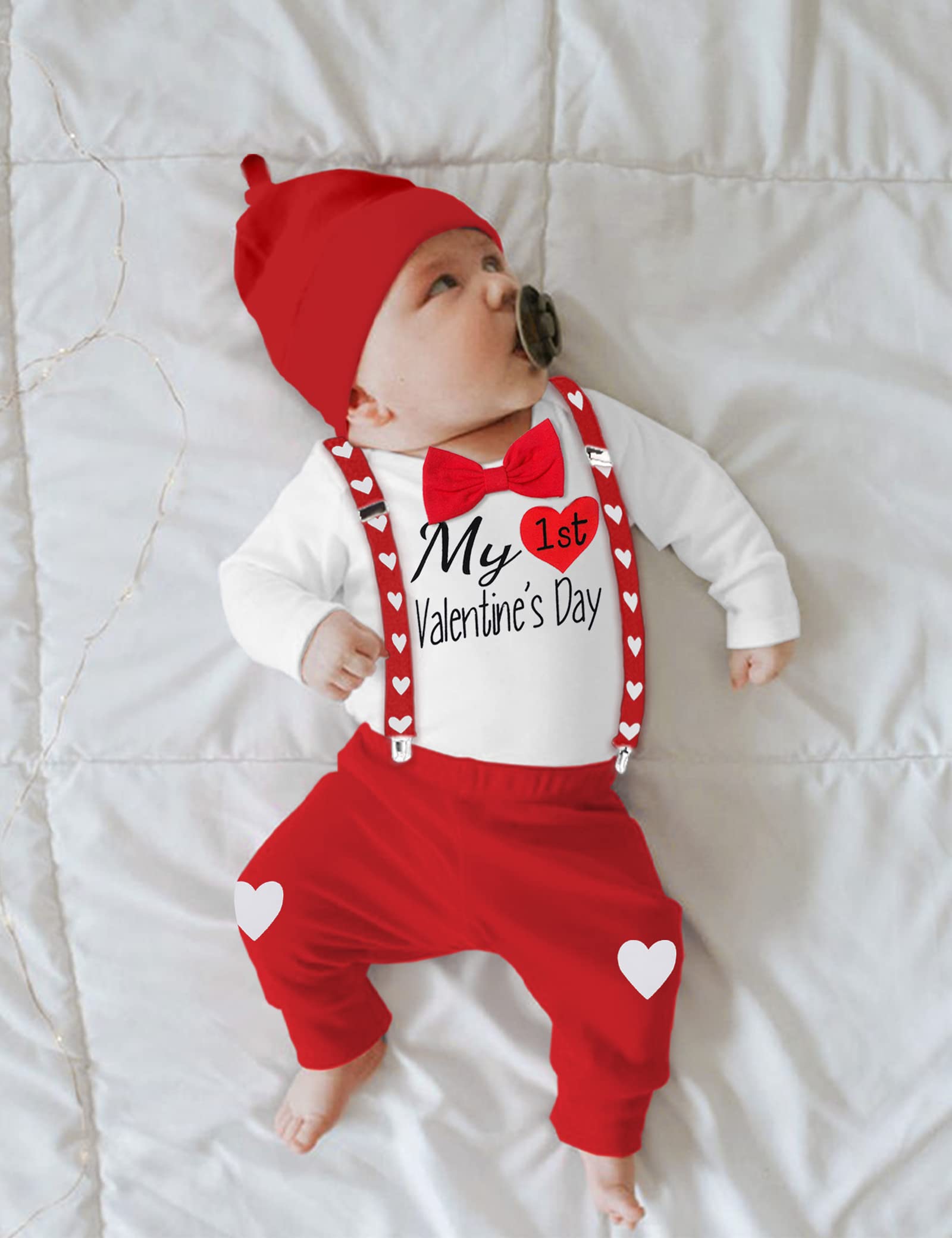 Dearnow Baby Boy Valentines Day Outfit 6-9 months My First Valentines Day Long Sleeve Romper+Suspender Pants+Hat 3Pcs Spring Outfit valentines baby boy outfit