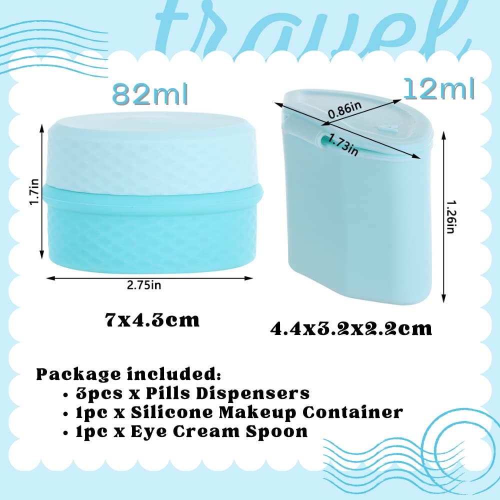 3 in 1 Travel Silicone Makeup Containers for Toiletries Shampoo Lotion Refillable Empty Jars with Spoon, Portable Cosmetic Case for Trinkets Pills, including 3 Dispensers & 1 Protective Box (Blue)