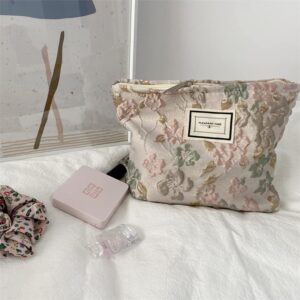 Aesthetic Floral Makeup Bag Coquette Cosmetic Bag Lace Cute Make up Bag Travel Quilted Cosmetic Pouch for Women