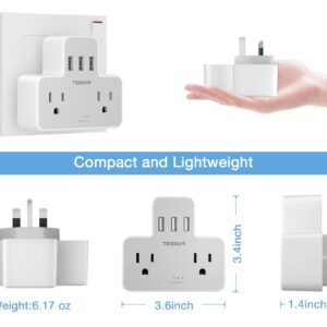 US to UK Plug Adapter, TESSAN Type G Power Converter with 2 Outlets 3 USB Charger, Ireland Travel Adaptor for USA to England Scotland Kenya Dubai London British Qatar Irish Hong Kong