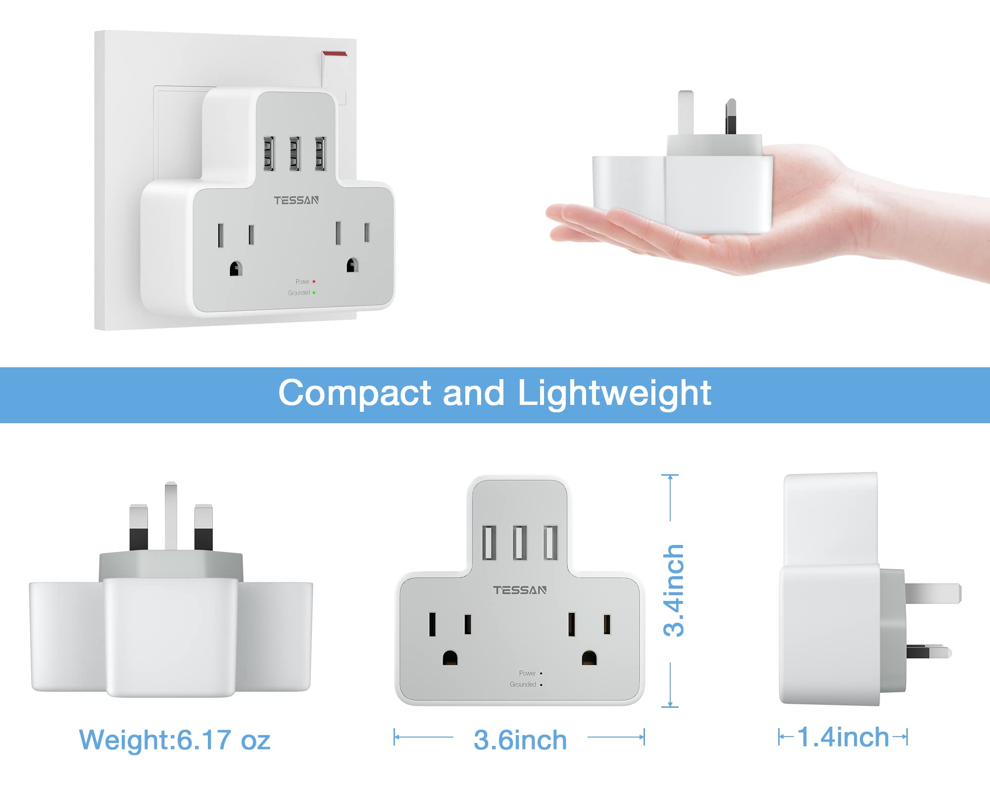 US to UK Plug Adapter, TESSAN Type G Power Converter with 2 Outlets 3 USB Charger, Ireland Travel Adaptor for USA to England Scotland Kenya Dubai London British Qatar Irish Hong Kong