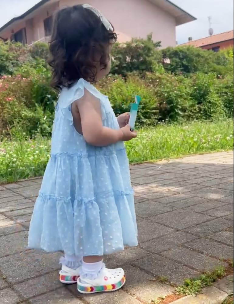 AGQT Toddler Girls Summer Dress Loose Fit Swiss Dots Flowy Pleated Dress Ruffle Babydoll Birthday Chiffon Dress Ligh Blue Size 1-2T