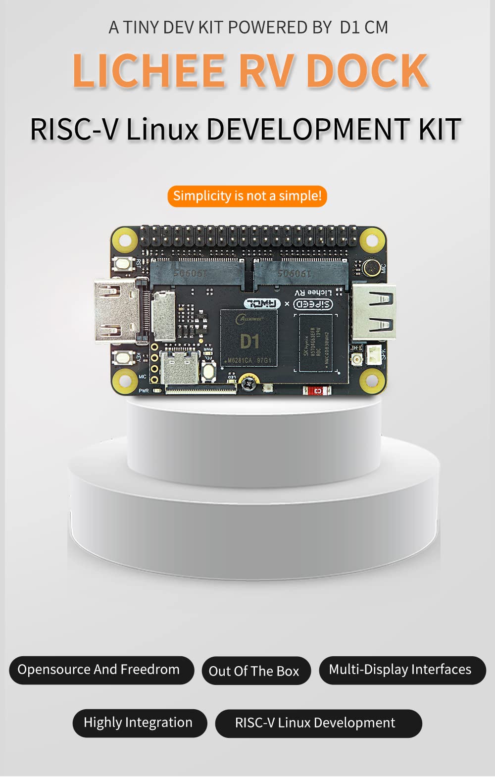 Sipeed RV Dock Allwinner D1 Single Board Computer RISC-V Linux Starter Kit with 16bits 512MB DDR3 RAM Onboard 2.4G WiFi + BT Module Support MIPI, RGB and MCU Running OpenWRT Debian YoC (RTOS)