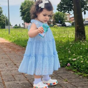 AGQT Toddler Girls Summer Dress Loose Fit Swiss Dots Flowy Pleated Dress Ruffle Babydoll Birthday Chiffon Dress Ligh Blue Size 1-2T