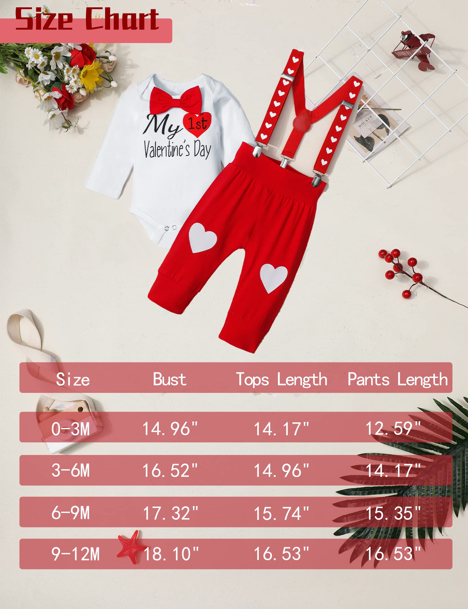 Dearnow Baby Boy Valentines Day Outfit 6-9 months My First Valentines Day Long Sleeve Romper+Suspender Pants+Hat 3Pcs Spring Outfit valentines baby boy outfit