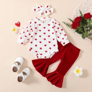 Tsnbre Newborn Baby Girl Valentines Day Outfit Heart Print Romper Tops Bell Bottom Pants Headband 3Pcs Clothes Set (Red, 0-3 Months)