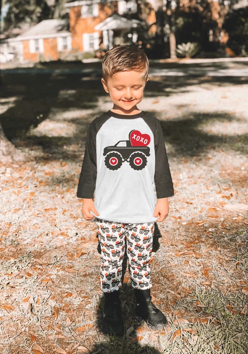 Boys Girls Valentine's Day Shirt Monster Truck Tops Toddler Kids Raglan Black Sleeve T-Shirt 6 7 Years