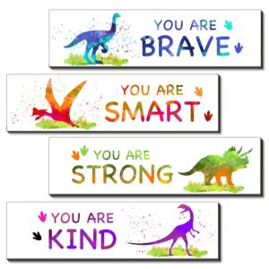 ubluro 4 pieces watercolor dinosaur wall art decors - motivational wall art，watercolor dinosaur wooden hanging wall prints plaques，watercolor dinosaur room decor for boys room