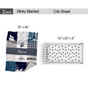 Personalized Crib Bedding Set for Boys, Custom Baby Crib Sets with Name, Wolf Theme Nursery Bedding, 2 Piece Baby Crib Sets, Wolf Pack Baby Plaid Comforter, Crib Fitted Sheet for Baby Boys Girls