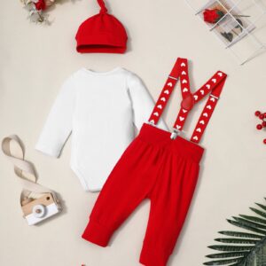 Dearnow Baby Boy Valentines Day Outfit 6-9 months My First Valentines Day Long Sleeve Romper+Suspender Pants+Hat 3Pcs Spring Outfit valentines baby boy outfit