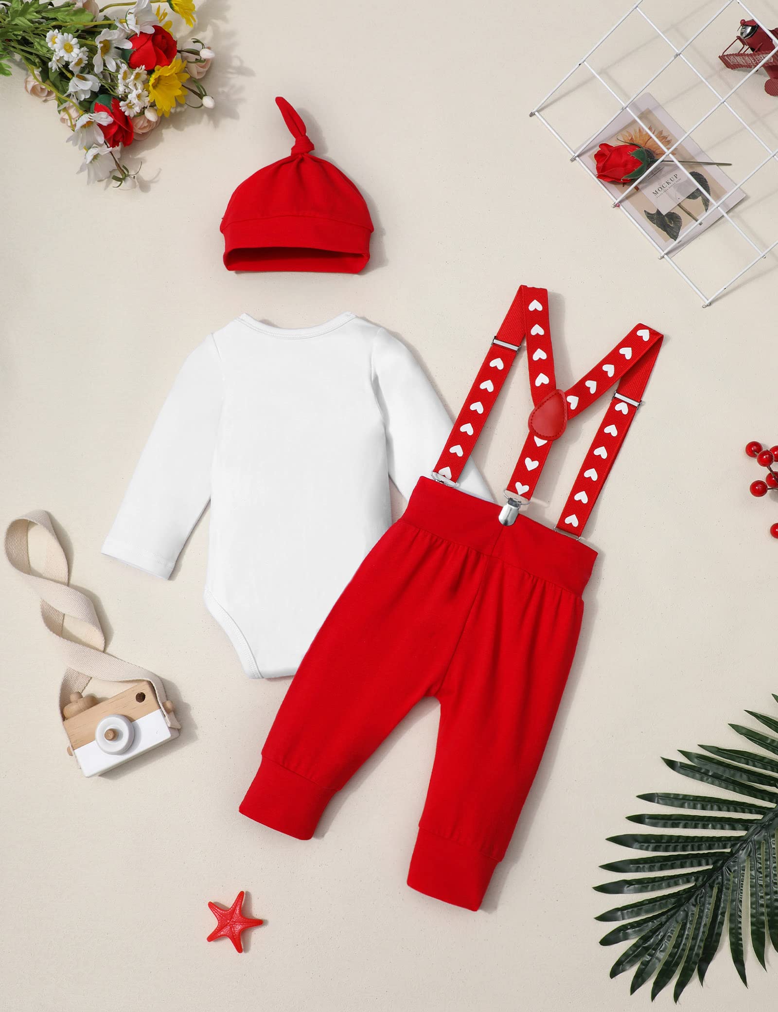 Dearnow Baby Boy Valentines Day Outfit 6-9 months My First Valentines Day Long Sleeve Romper+Suspender Pants+Hat 3Pcs Spring Outfit valentines baby boy outfit