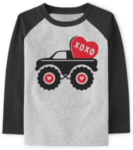 boys girls valentine's day shirt monster truck tops toddler kids raglan black sleeve t-shirt 6 7 years