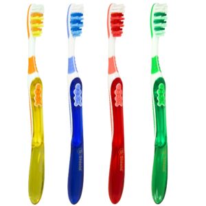 shield care toothbrush dual pro with multi-level filaments, anti-slip grip (expert care - soft bristles) adult - yellow, red, blue, green - 4 count (pack of 1)