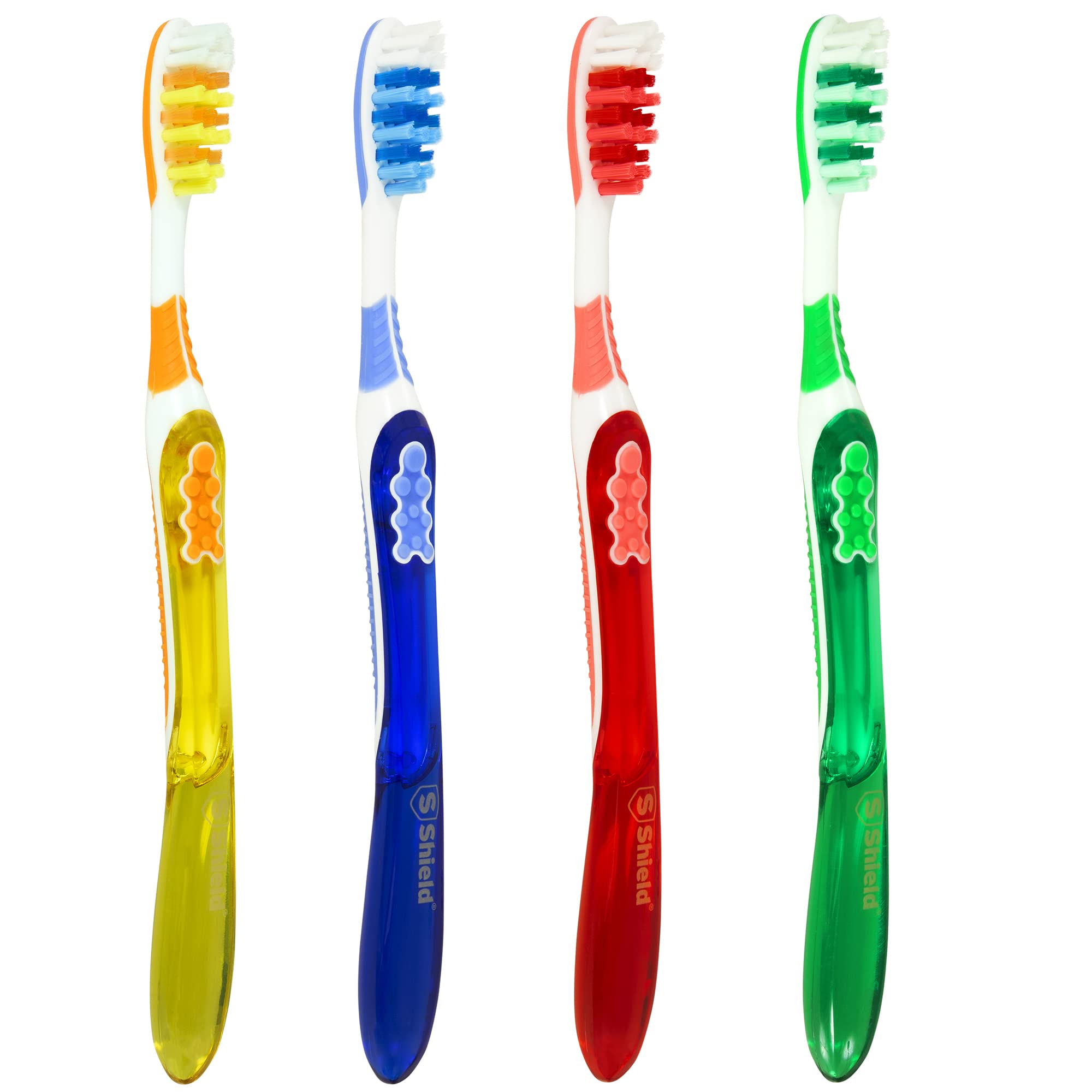 Shield Care Toothbrush Dual Pro with Multi-Level Filaments, Anti-Slip Grip (Expert Care - Soft Bristles) Adult - Yellow, Red, Blue, Green - 4 Count (Pack of 1)