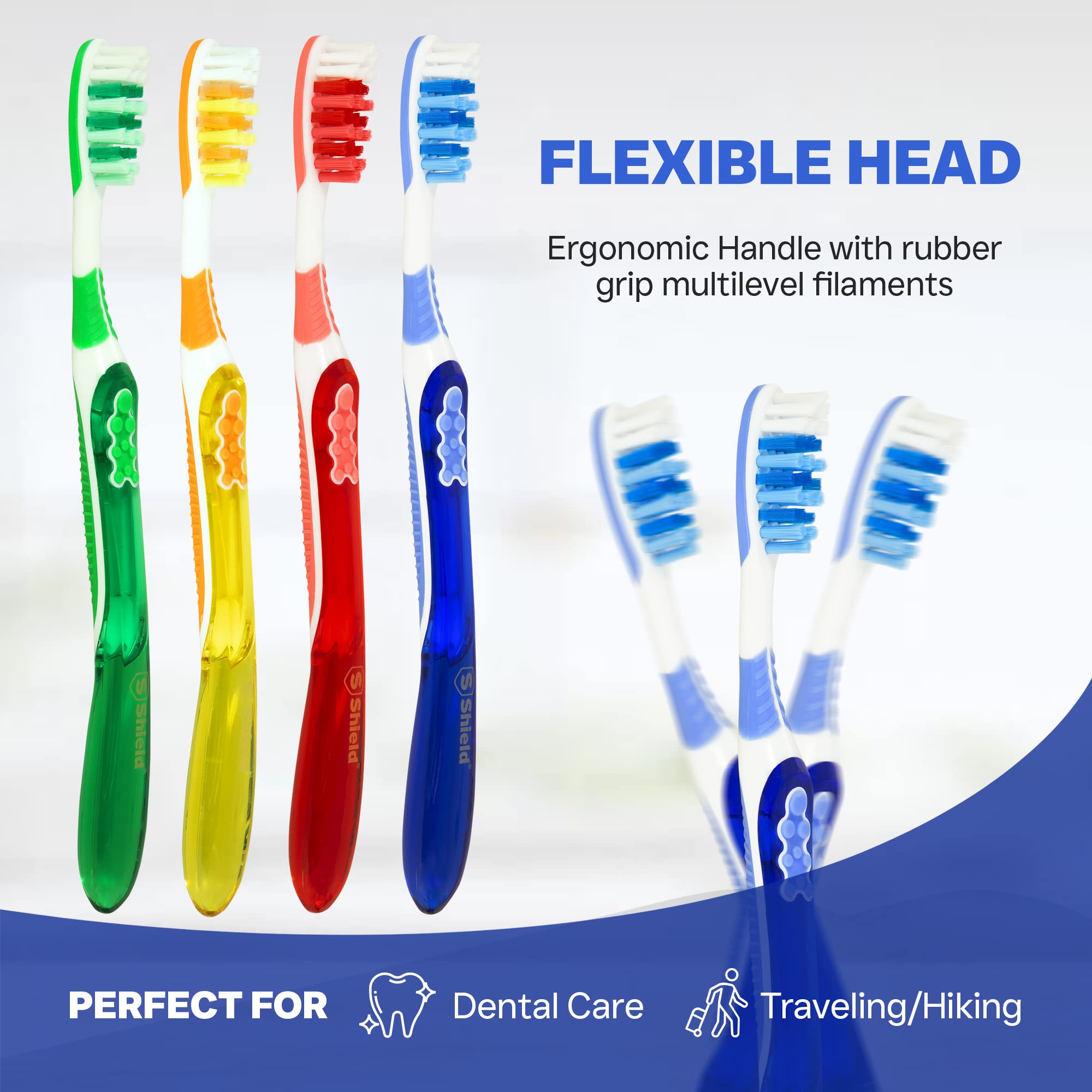 Shield Care Toothbrush Dual Pro with Multi-Level Filaments, Anti-Slip Grip (Expert Care - Soft Bristles) Adult - Yellow, Red, Blue, Green - 4 Count (Pack of 1)