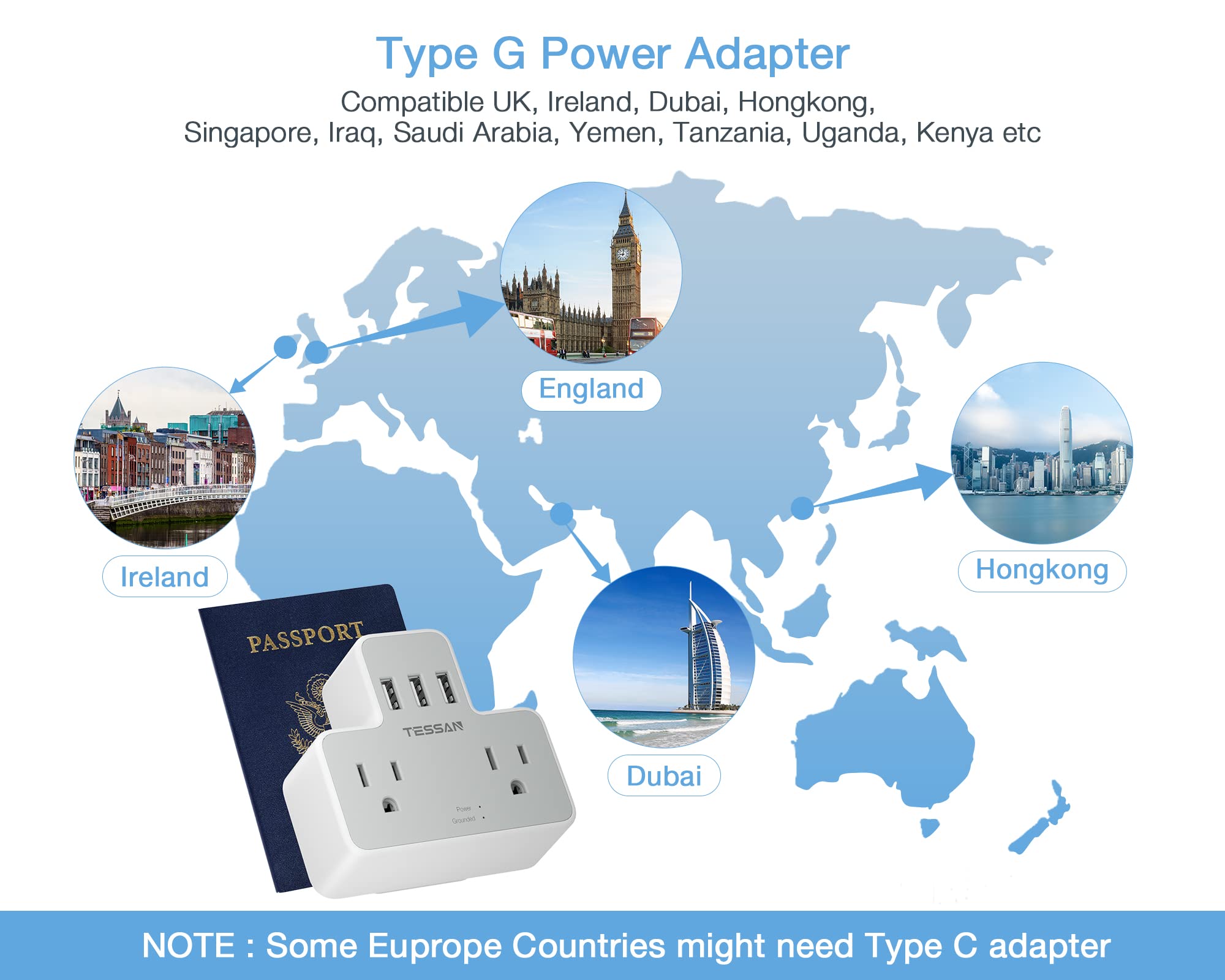 US to UK Plug Adapter, TESSAN Type G Power Converter with 2 Outlets 3 USB Charger, Ireland Travel Adaptor for USA to England Scotland Kenya Dubai London British Qatar Irish Hong Kong