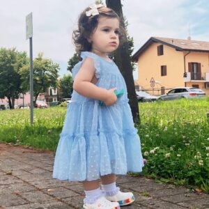 AGQT Toddler Girls Summer Dress Loose Fit Swiss Dots Flowy Pleated Dress Ruffle Babydoll Birthday Chiffon Dress Ligh Blue Size 1-2T