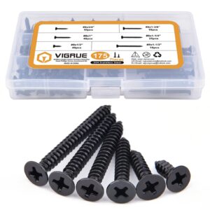 vigrue 175 pcs #8 wood screws black oxide coated stainless steel flat head phillips drywall screw assortment kit, self tapping screws kit