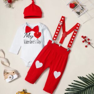 Dearnow Baby Boy Valentines Day Outfit 6-9 months My First Valentines Day Long Sleeve Romper+Suspender Pants+Hat 3Pcs Spring Outfit valentines baby boy outfit