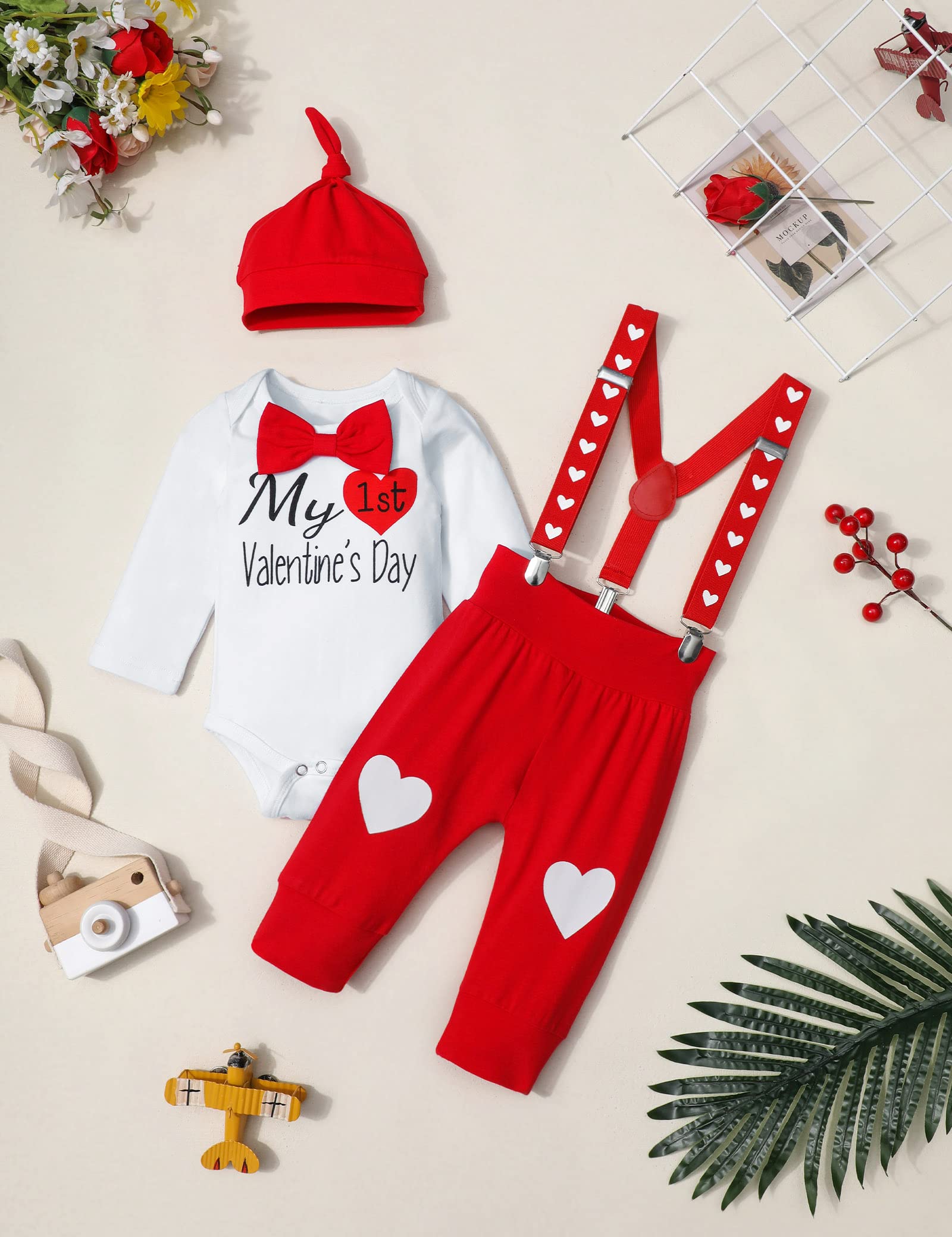 Dearnow Baby Boy Valentines Day Outfit 6-9 months My First Valentines Day Long Sleeve Romper+Suspender Pants+Hat 3Pcs Spring Outfit valentines baby boy outfit