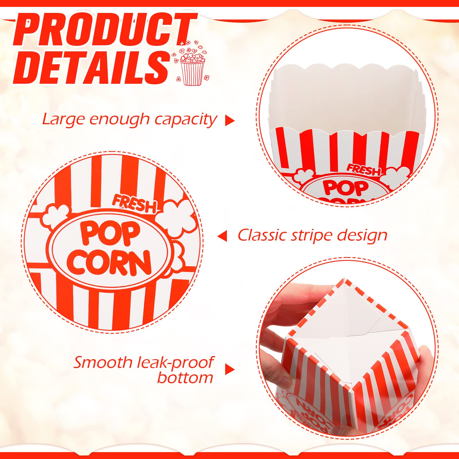 100 Pcs Popcorn Boxes Classic Red White Stripe Paper Popcorn Buckets Disposable Oil Proof Popcorn Container Retro Open Top Popcorn Holders for Movie Night Supplies Theaters Carnival Birthday Party